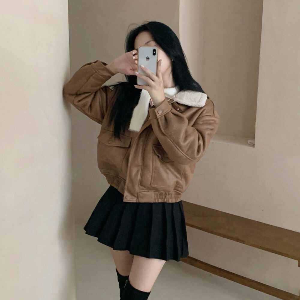 Codibook｜韓國 LOVENSOME 寬鬆內刷毛麂皮絨面短版外套 2色[預購]拉鍊外套 飛行員夾克 女裝 | 蝦皮購物