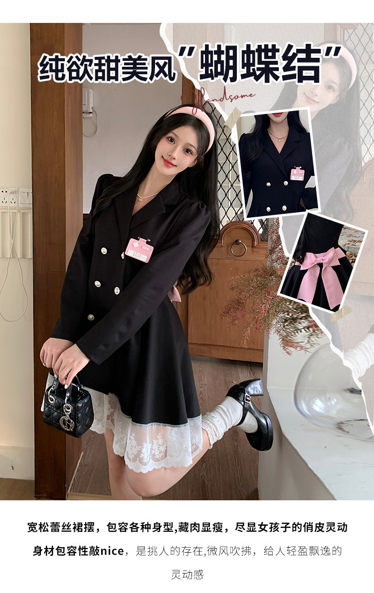 Miguo_大碼學院風蝴蝶結連衣裙女 秋季氣質裙子 胖mm收腰顯瘦西裝裙 | 蝦皮購物