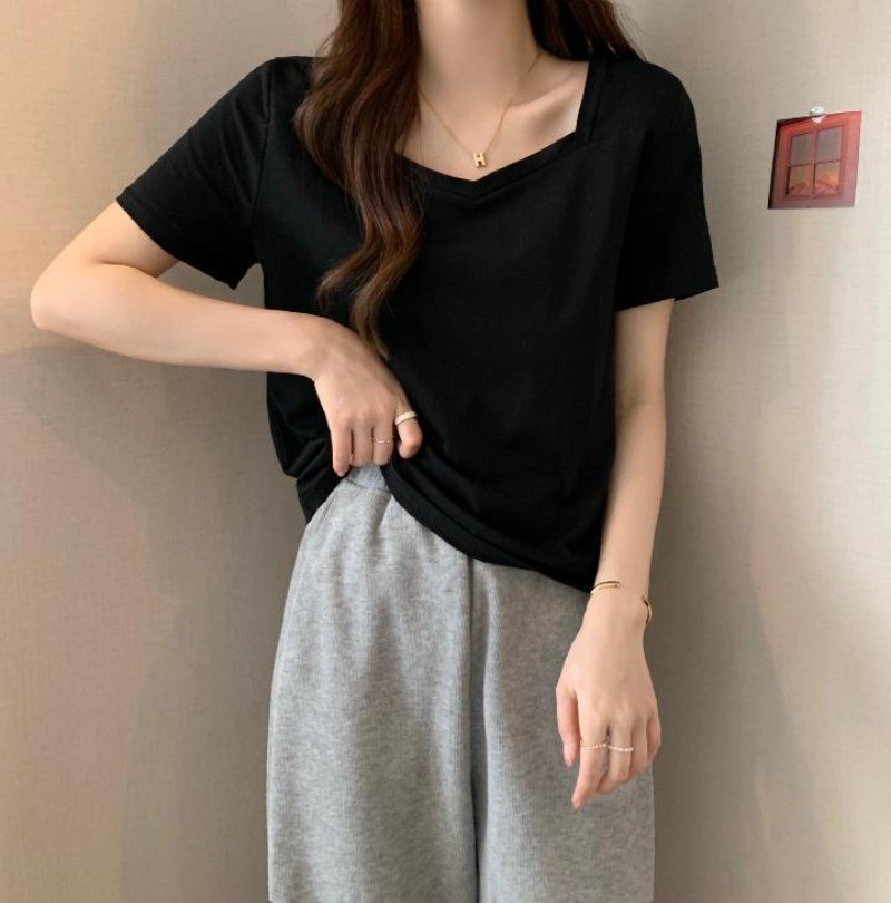 胖MM2-300斤大碼方領鎖骨短袖T恤女新款夏季寬鬆百搭顯瘦正肩上衣短袖t恤 寬鬆短袖 大尺碼女裝 韓版t恤【PAPA】 | 蝦皮購物