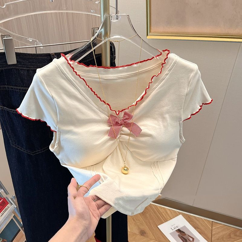 【1.6萬人收藏】法式甜美軟妹波浪邊短袖T卹女夏季2025新款蝴蝶結帶胸墊短款上衣 | 蝦皮購物