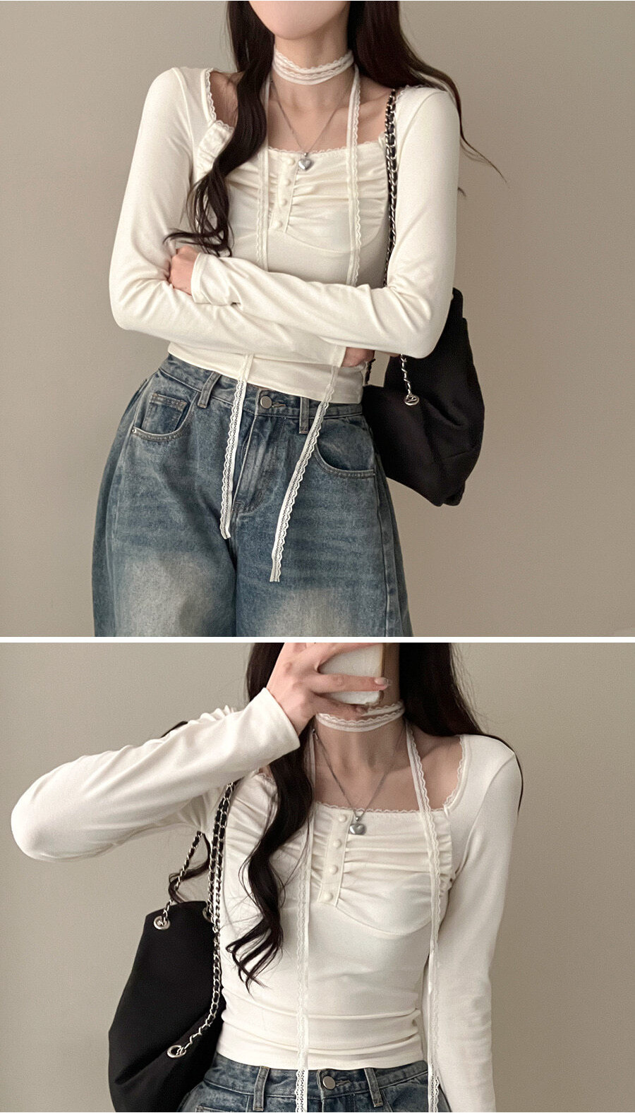 Codibook｜韓國 gifteabox 蕾絲圍巾拼接方領長袖T恤[預購]長袖上衣 T恤 女裝 | 蝦皮購物