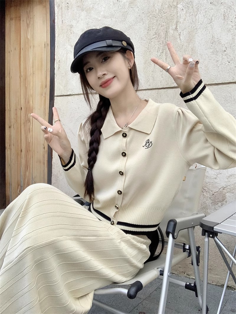 時尚套裝短版長袖針織衫外套女氣質高腰半身裙兩件套 | 蝦皮購物