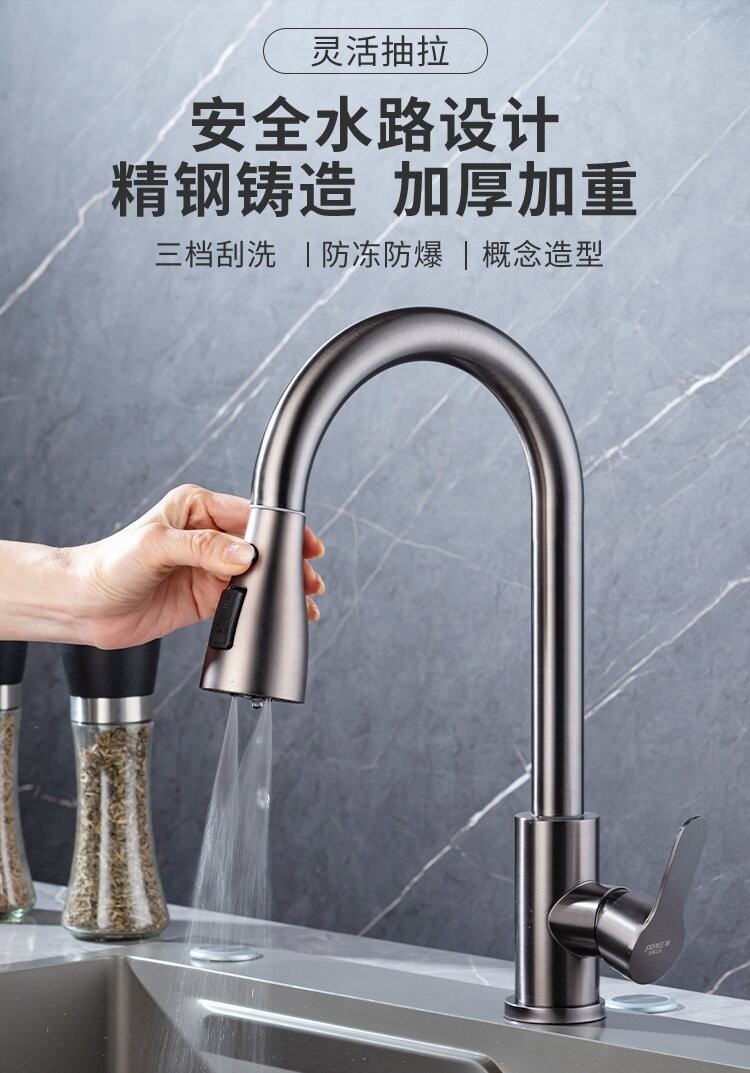 ⚡限时超杀！CP值破表⚡SUS304不銹鋼水龍頭 廚房龍頭 槍灰抽拉式冷熱龍頭 洗菜盆龍頭 可伸縮旋轉 水槽龍頭 | 蝦皮購物