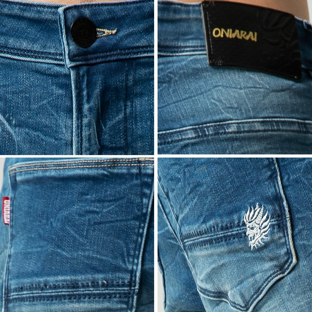BLUE WAY 鬼洗 ONIARAI - 男款 COOLMAX經典彈力繡花中腰丹寧直筒褲(中藍) | 蝦皮購物