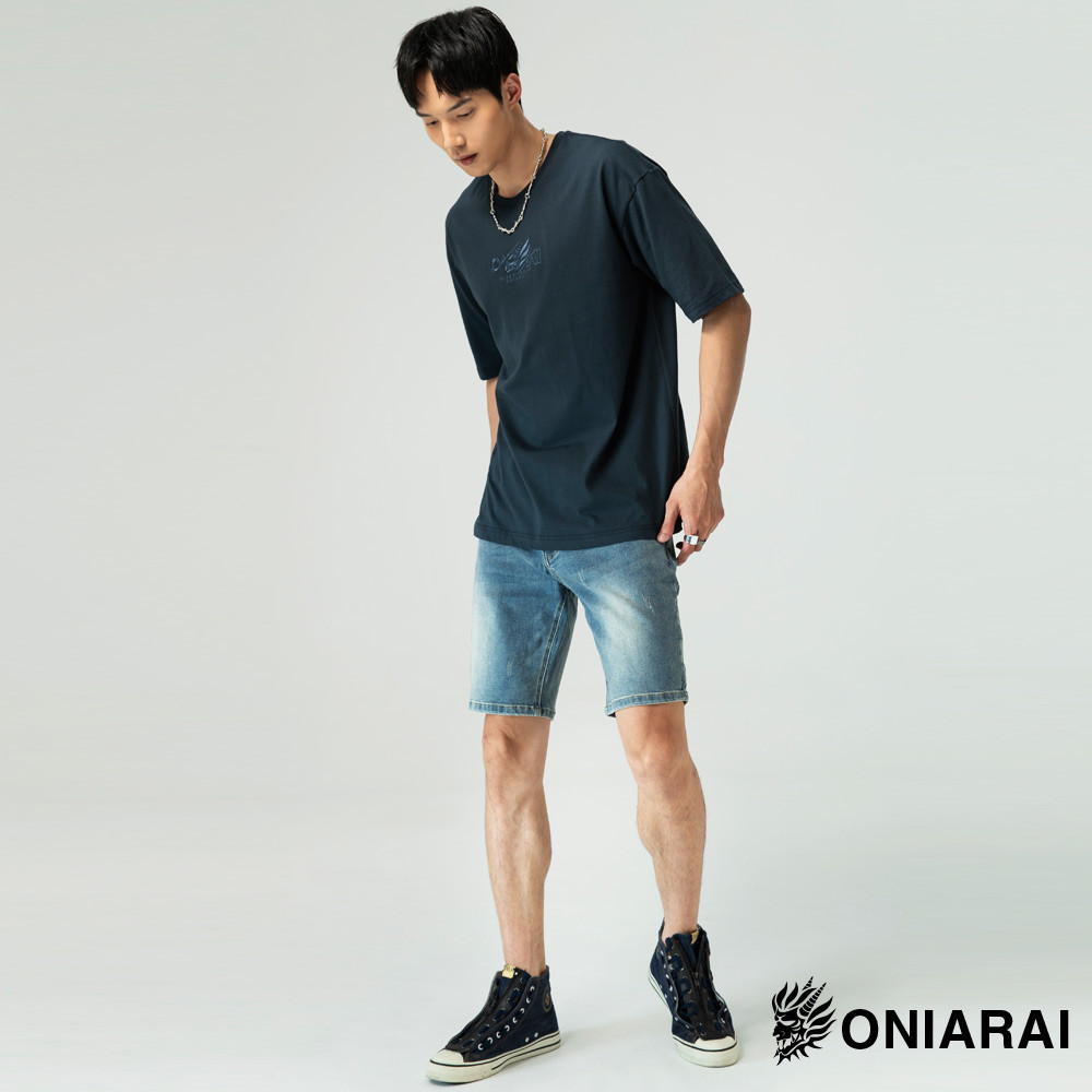 BLUE WAY 鬼洗 ONIARAI - 男款 黑魂重工LOGO落肩短TEE(深藍) | 蝦皮購物