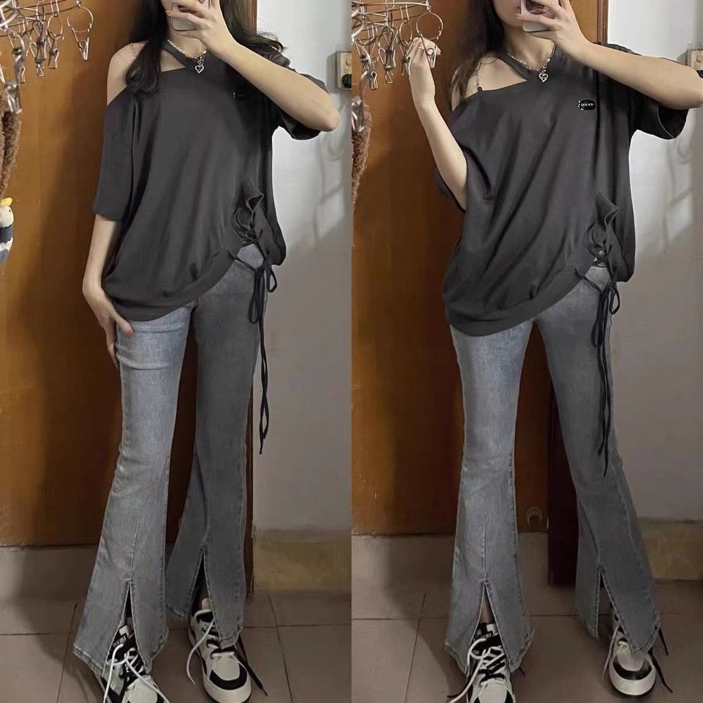 【BH】300斤大碼露單肩t恤女夏胖MM2-260斤顯瘦百搭遮肚子小心機上衣ins | 蝦皮購物