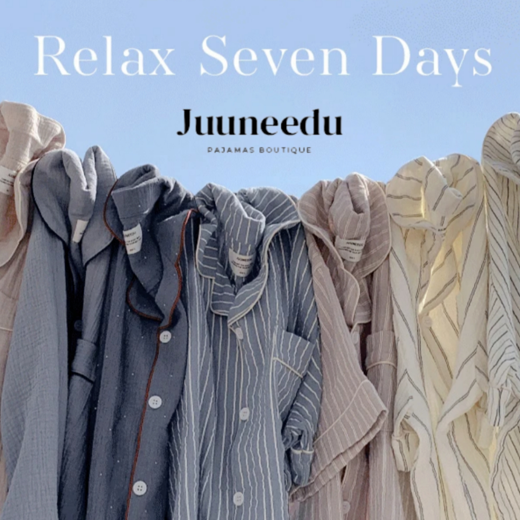 韓國 Juuneedu 休閒 7 天條紋短袖短褲長袖長褲睡衣套裝家居服中性睡衣 | 蝦皮購物