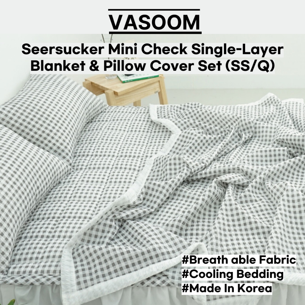 VASOOM] 涼感皺摺格紋夏季單層薄被＋枕套組 (SS/Q) | 2 種顏色 | 重量輕 | 透氣 | 快乾 | 蝦皮購物