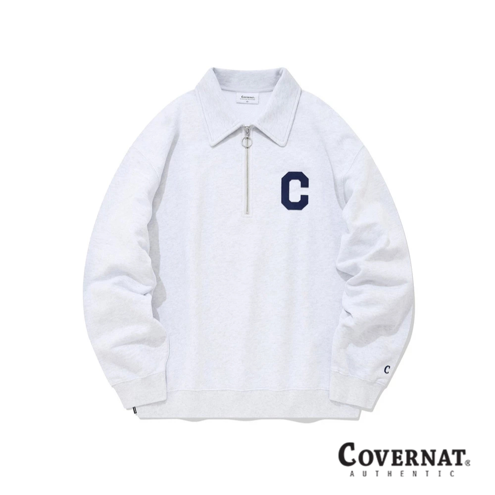 [COVERNAT] C LOGO 毛圈布翻領半拉鍊大學T（淺灰色） [F7] | 蝦皮購物