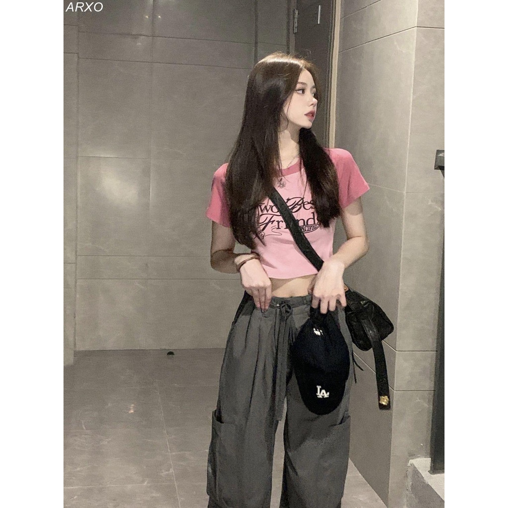 ARXO 女生上衣 美式粉色緊身短款上衣夏季新款復古修身甜辣風顯瘦正肩短袖t恤女 | 蝦皮購物