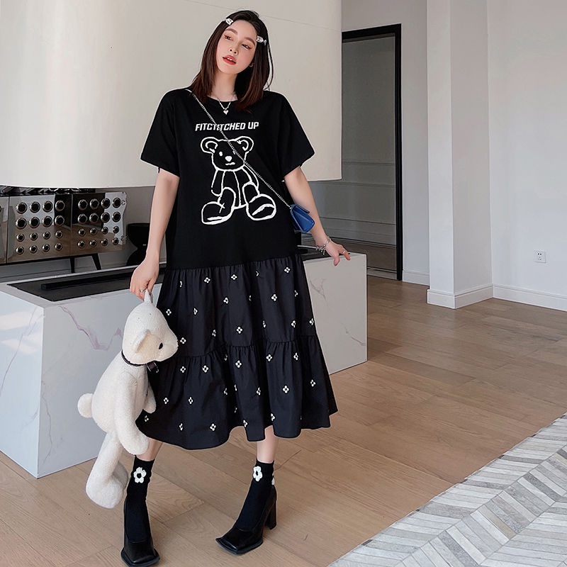 【特大尺碼M-5XL 40-150kg】夏季新款大尺碼女裝300斤胖mm寬鬆顯瘦卡通拼接T恤洋裝氣質大裙襬 | 蝦皮購物
