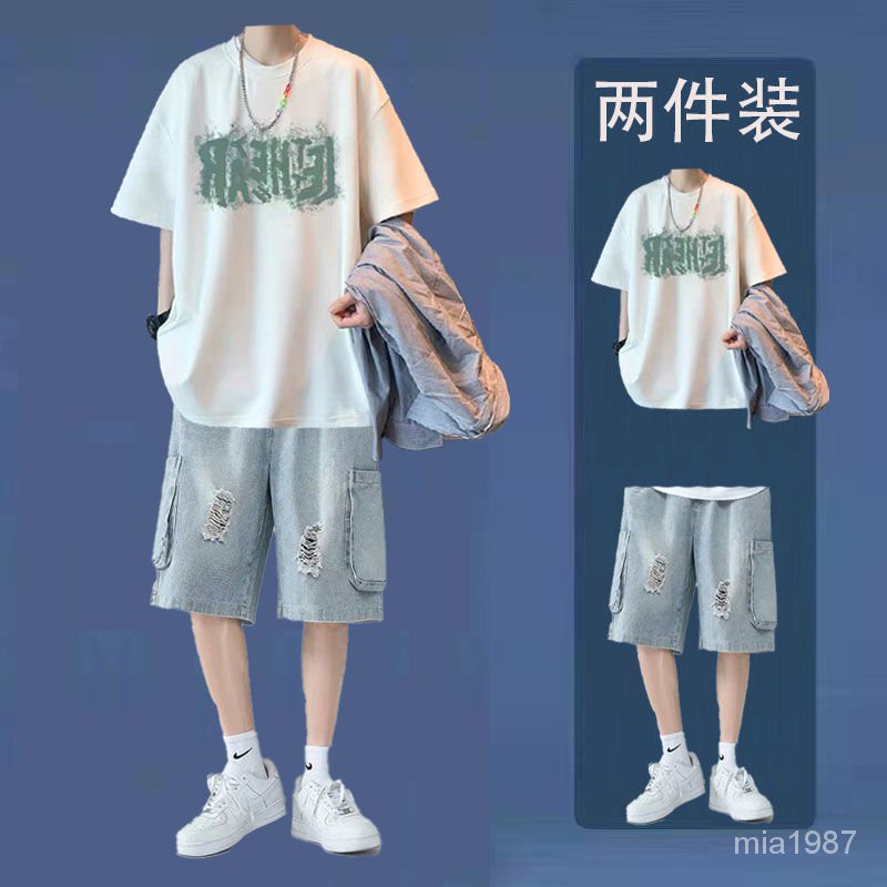 【男士套裝】港風牛仔短褲套裝酷穿搭男夏季新款潮流ins寬鬆短袖T恤衣服兩件套 KDYA | 蝦皮購物