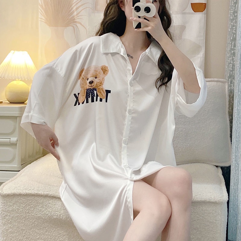 【YW】襯衫睡裙 女生睡衣 冰絲睡衣 新款絲綢短袖睡衣 長款寬鬆睡衣 大碼胖mm睡衣 小性感居家服 襯衫睡衣 4XL | 蝦皮購物