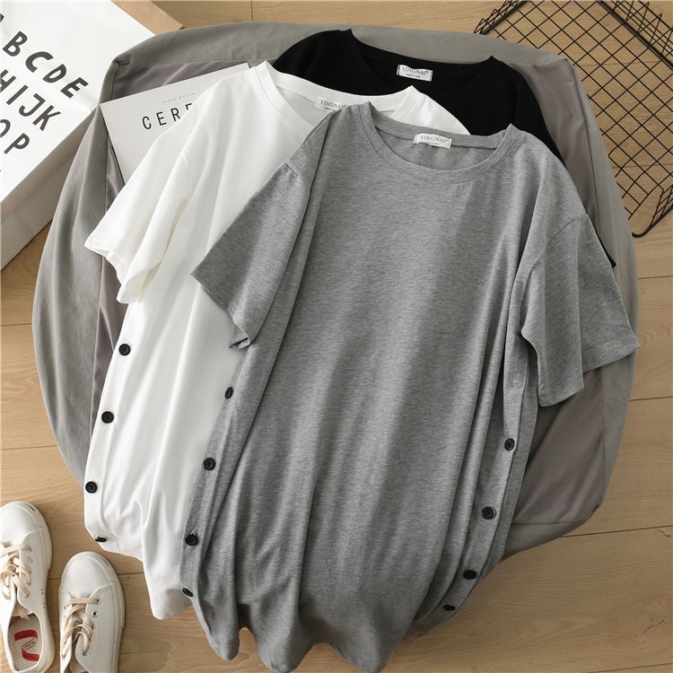 【特大尺碼M-5XL 40-150kg】特大尺碼200斤側開叉鈕扣短袖T恤女胖MM夏季寬鬆小眾設計感上衣240 | 蝦皮購物