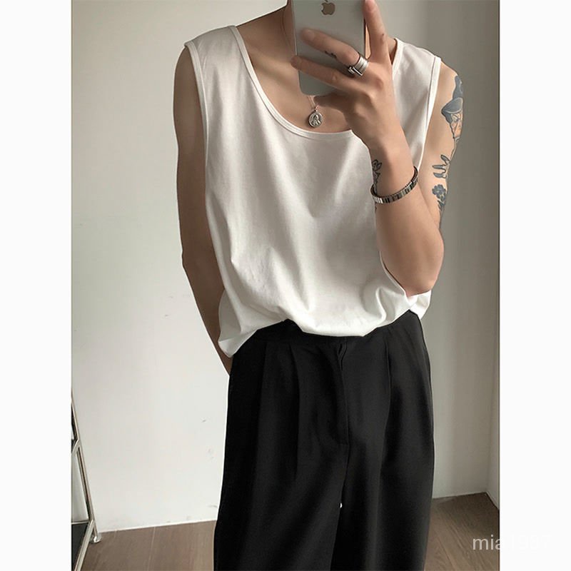 【精品男裝】重磅低領背心男COOL春秋美式坎肩運動大領口無袖T恤男ins潮牌打底jioyh FT7D | 蝦皮購物