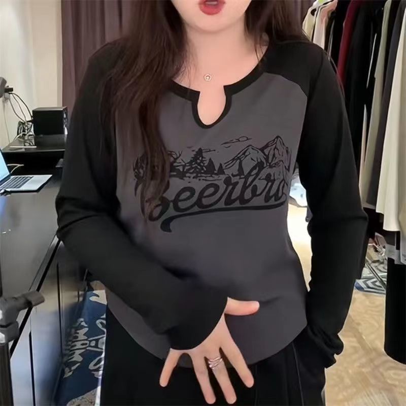 L-5XL 150公斤 韓版字母印花長袖上衣 大尺碼遮肚子長袖T恤上衣 女裝秋季新款潮設計感長袖T恤胖mm打底內搭上衣 | 蝦皮購物