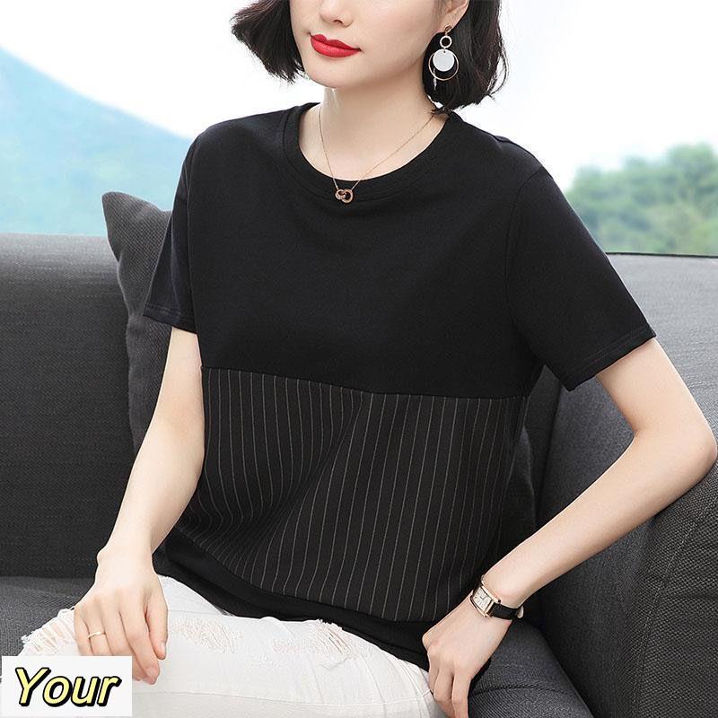 【Your】M-5XL 大尺碼上衣 胖mm條紋拼接短袖t恤女純棉2020夏季寬松加大碼體恤圓領上衣黑色 | 蝦皮購物