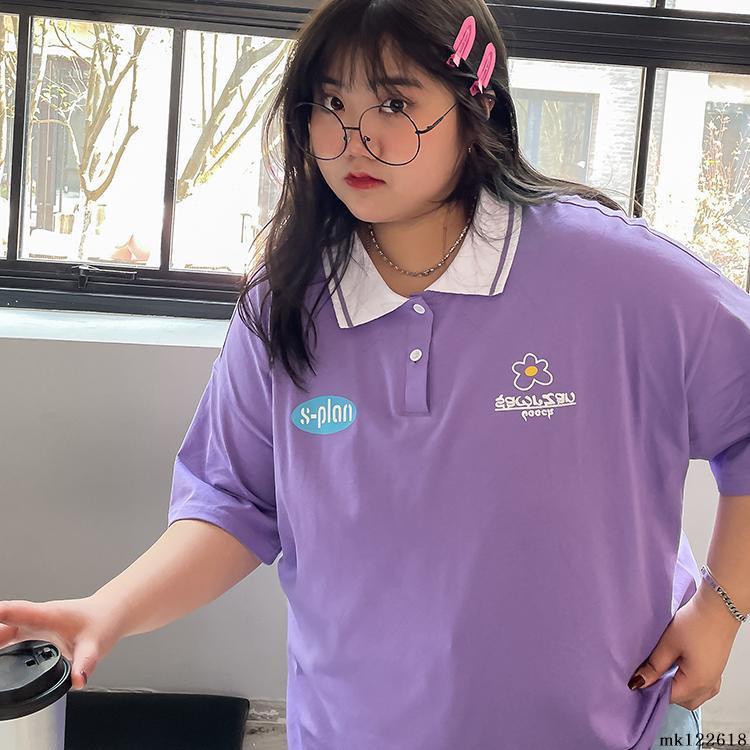 ⚡中大碼女裝⚡加大尺碼短袖洋裝 寬鬆 150公斤內可穿 顯瘦夏季新款大尺碼胖mm2-300斤Polo領紫色T恤 | 蝦皮購物