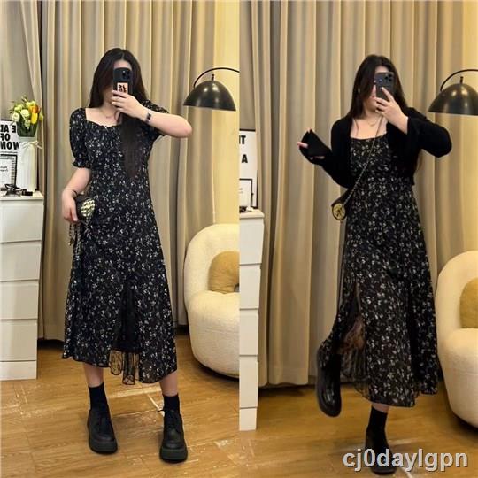 洋裝 多巴胺穿搭 連身裙 長裙 大尺碼女裝 大尺碼洋装 大碼女裝胖mm2023法式碎花吊帶連衣裙蕾絲拼接開叉長裙+披肩 | 蝦皮購物