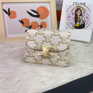 Shaw二手 CELINE TRIOMPHE 金色 凱旋門 logo 老花 帆布 零錢袋 3折 短夾 現貨 | 蝦皮購物