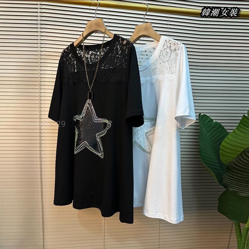 【大尺碼女裝M-5XL 40-150kg】胖MM2-300斤大尺碼女裝蕾絲拼接中長款過臀休閒百搭薄款短袖T恤上衣 | 蝦皮購物