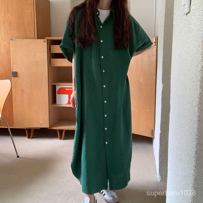 【朵拉朵裳】大尺碼L-4XL 胖MM 大尺碼連衣裙 大碼洋裝 大碼女裝 春夏複古慵懶風翻領寬鬆休閒短袖過膝長款連衣裙女 | 蝦皮購物