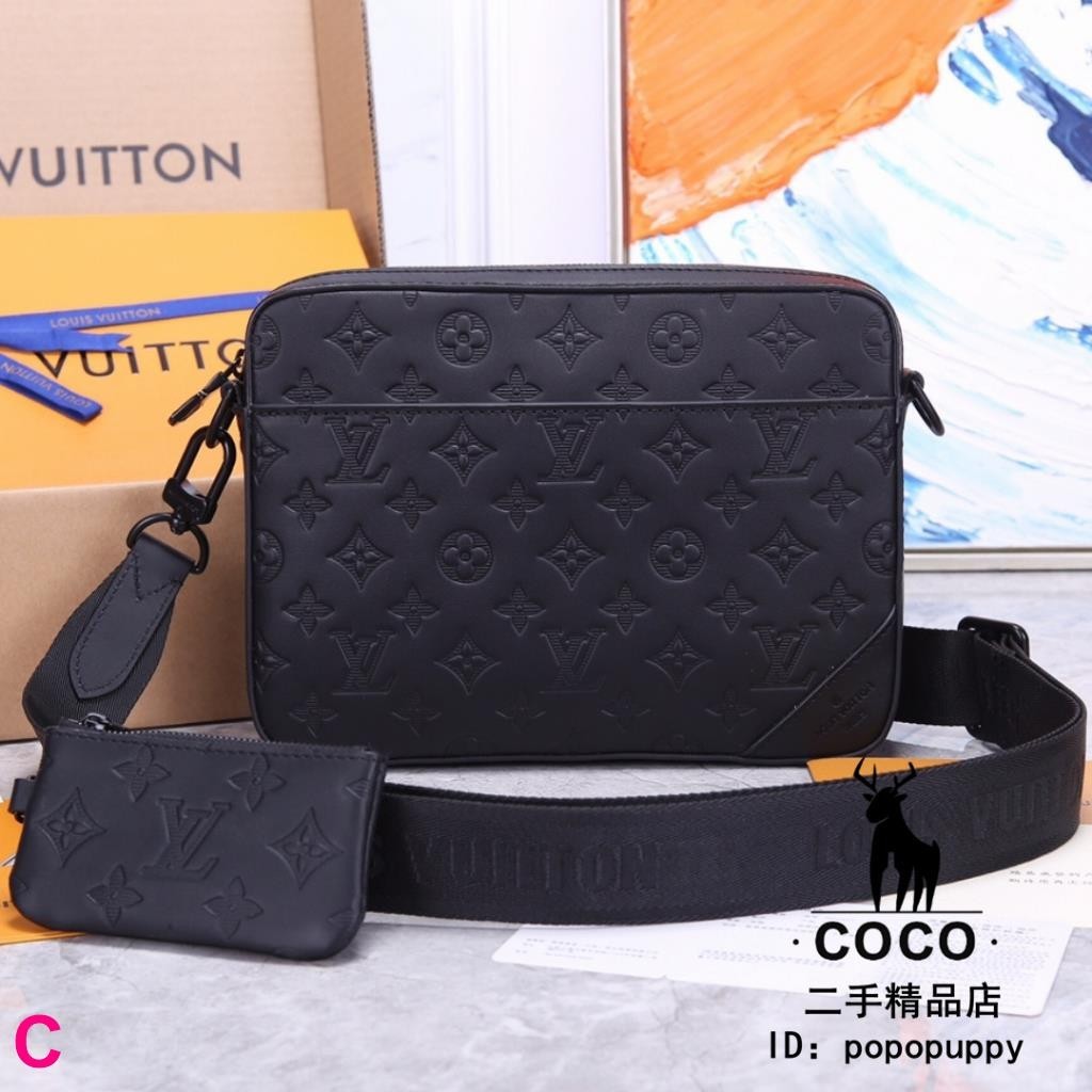 CoCo二手 LV 路易威登 DUO 經典老花 壓紋皮革拼牛皮 郵差包 肩背包 斜背包 M69827 男款 黑色 | 蝦皮購物