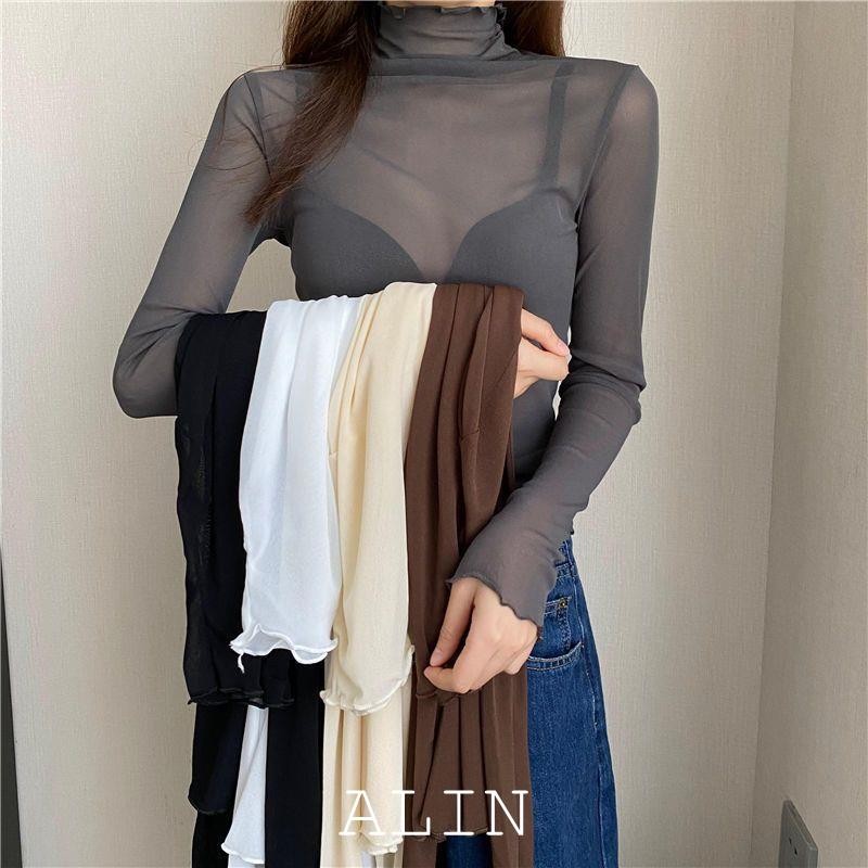 M-4XL 大尺碼上衣 長袖 內搭 透膚打底衫 素色 大碼女裝內搭高領長袖T恤上衣胖mm春秋季性感透視網紗打底衫ins潮 | 蝦皮購物