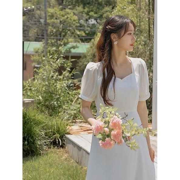 Codibook｜韓國 RIRINCO 心型領透膚泡泡袖長洋裝[預購]長洋裝 禮服 女裝 | 蝦皮購物