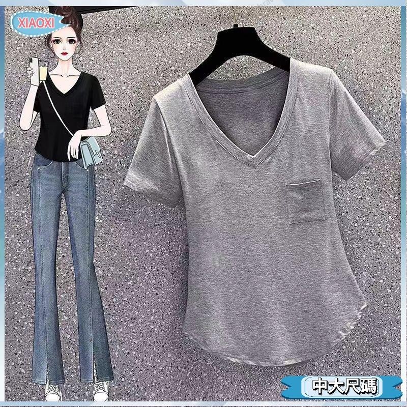 M-4XL 2024新款百搭V領性感短袖T恤胖mm 軟糯垂感夏季寬鬆顯瘦遮肚子大尺碼 大尺碼上衣鎖骨 V領上衣 寬鬆上衣 | 蝦皮購物