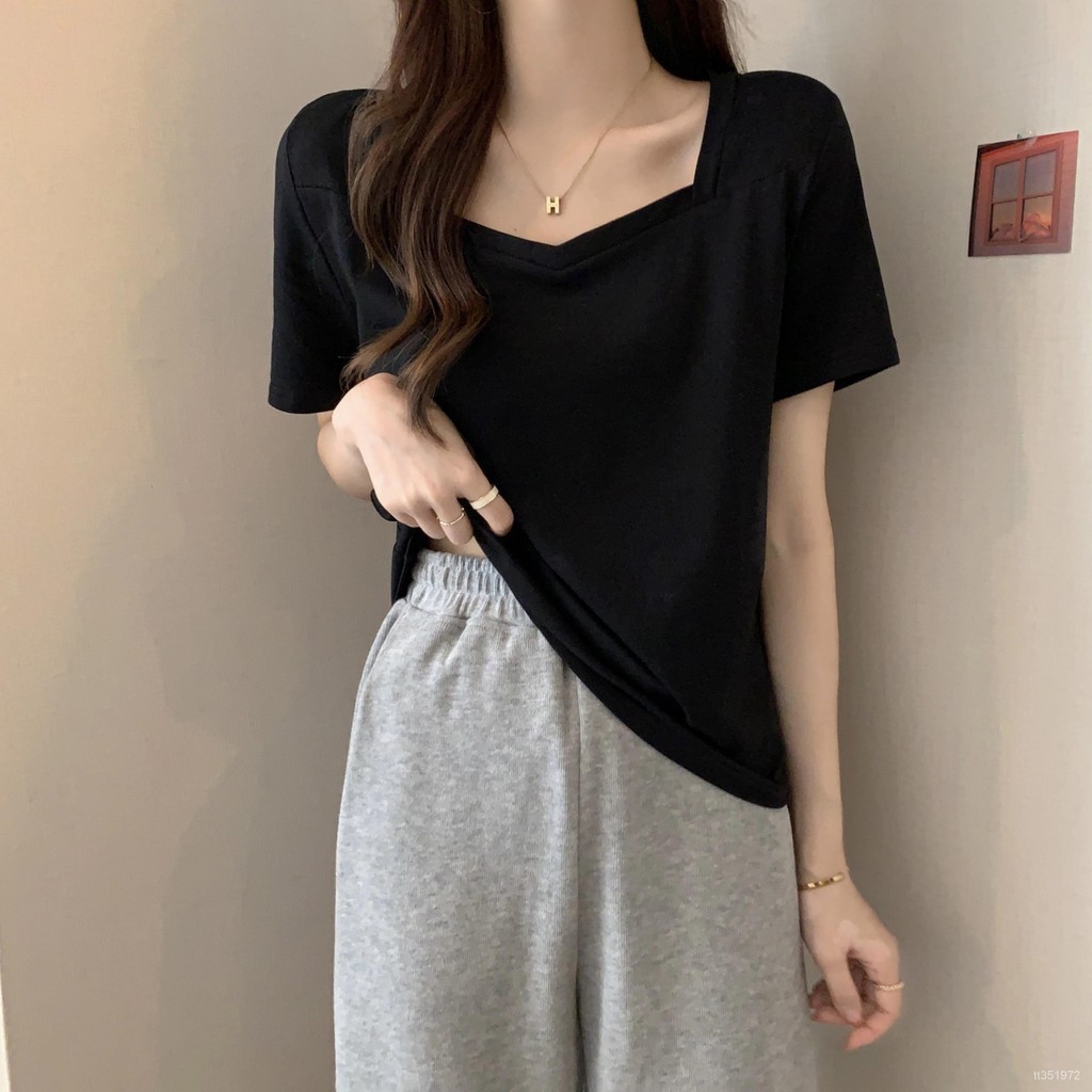 胖MM2-300斤大碼方領鎖骨短袖T恤女新款夏季寬鬆百搭顯瘦正肩上衣 MIRG | 蝦皮購物