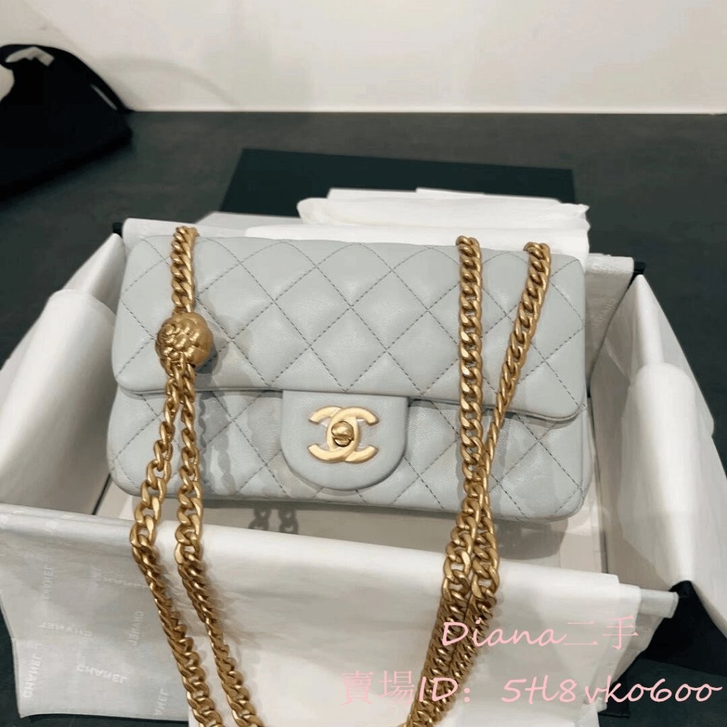 二手精品 CHANEL 香奈兒 23S新款 淺藍灰羊皮 山茶花調節釦 mini CF 斜背包 肩背包 AS1787 | 蝦皮購物