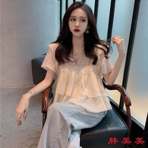 【M-5XL大尺碼】大尺碼短袖 蕾絲雪紡衫 胖mm設計感蕾絲雪紡襯衫女加大碼襯衣夏季遮肚子上衣300斤ins潮 | 蝦皮購物