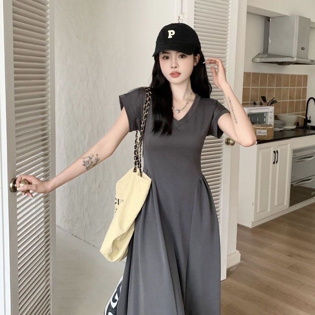cat大尺碼洋裝 連身裙 韓版洋裝 寬鬆 顯瘦特大碼胖MM2-300斤新款休閑顯氣質連衣裙寬松顯瘦V領中長款裙子夏 | 蝦皮購物