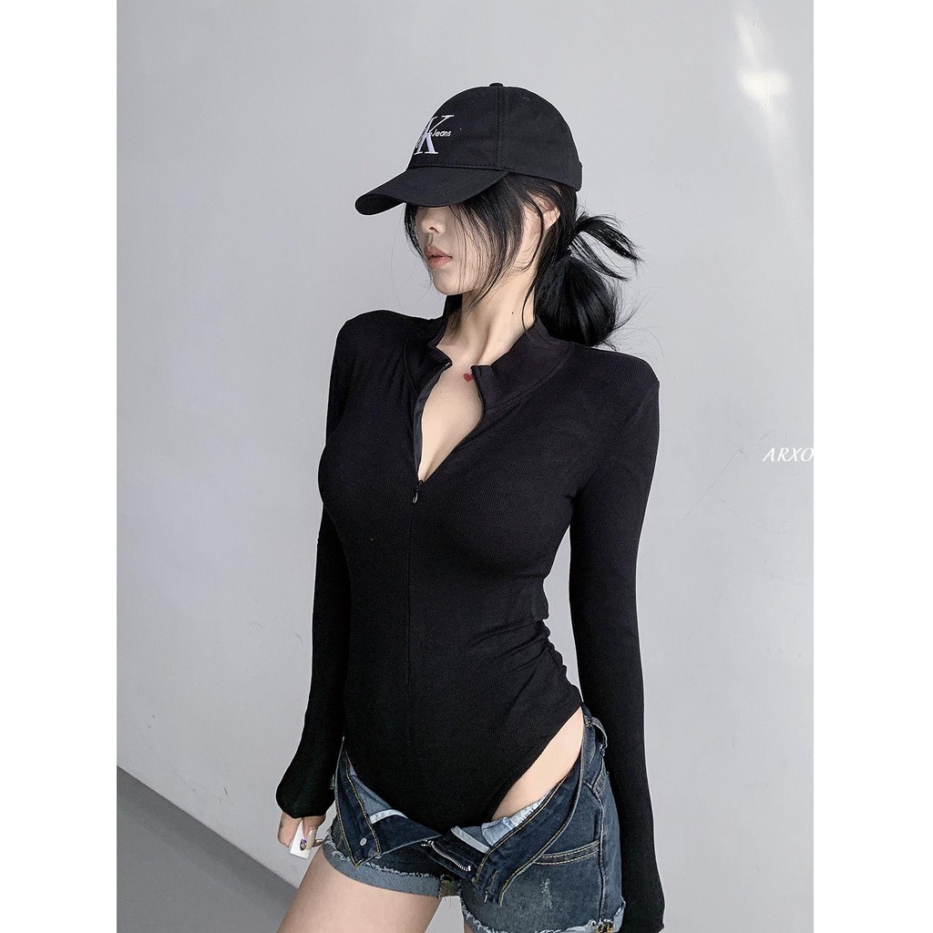 ARXO 歐美連體衣 歐美高腰鏤空長袖連體t恤女秋冬辣妹顯瘦性感內搭拉鏈一體式上衣 | 蝦皮購物