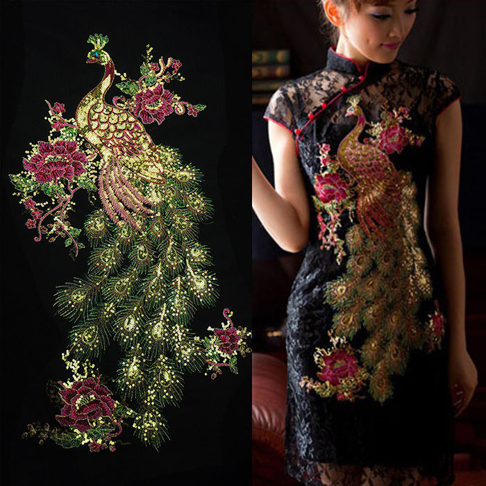 精品孔雀佈貼重工亮片刺繡孔雀旂袍衣服佈貼牡丹花大號貼飾服裝貼3e1l 蝦皮購物