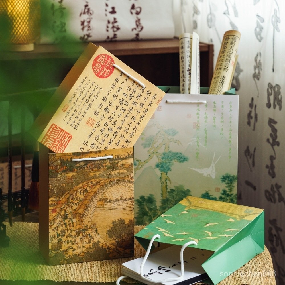 文化古典中國風茶葉禮品袋古風書法名畵節日祝福生日禮物手提袋 YKUY | 蝦皮購物