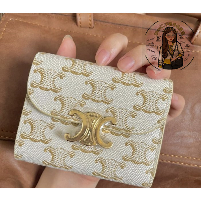 Shaw二手 CELINE TRIOMPHE 金色 凱旋門 logo 老花 帆布 零錢袋 3折 短夾 現貨 | 蝦皮購物