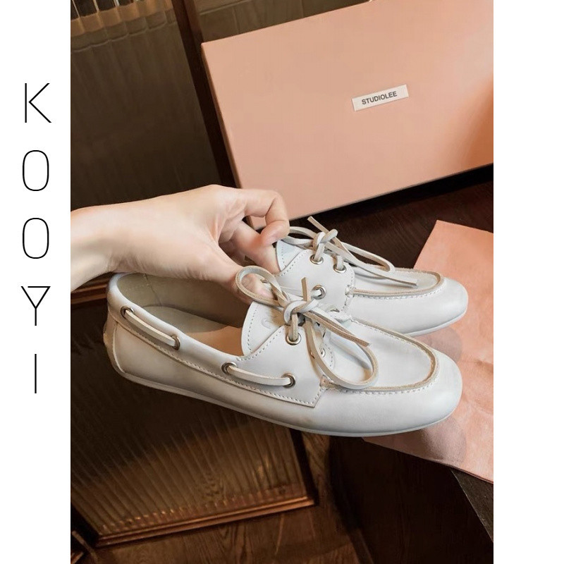kooyi-闆娘精選 羊皮樂福鞋女 英倫風小皮鞋 軟底平底鞋女 做舊 一腳蹬小皮鞋 白色 棕色 | 蝦皮購物