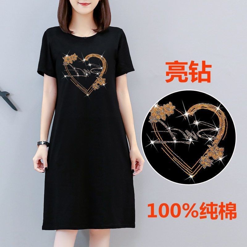 春夏短袖洋裝女長裙裝女連身裙单/两件100%纯棉镶钻连衣裙2023夏新款胖mm大码宽松短袖T恤女裙子 大尺碼 5XL | 蝦皮購物