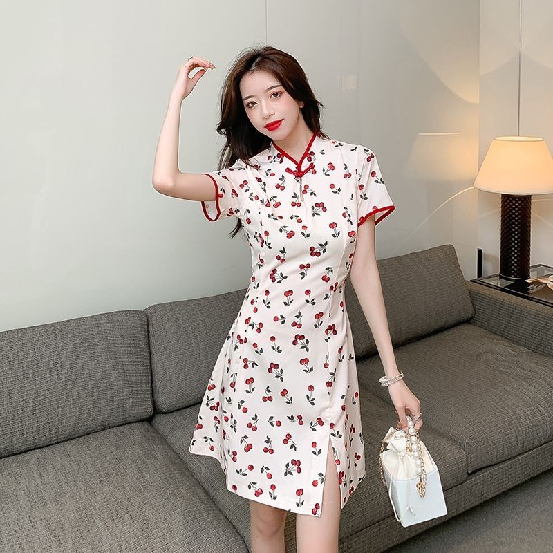 【梨mm】M-4XL 大尺碼洋裝 短袖旗袍 300斤大碼女裝 夏季鏤空開叉裙子 顯瘦洋裝女 改良式旗袍 連衣裙女 碎花裙 | 蝦皮購物