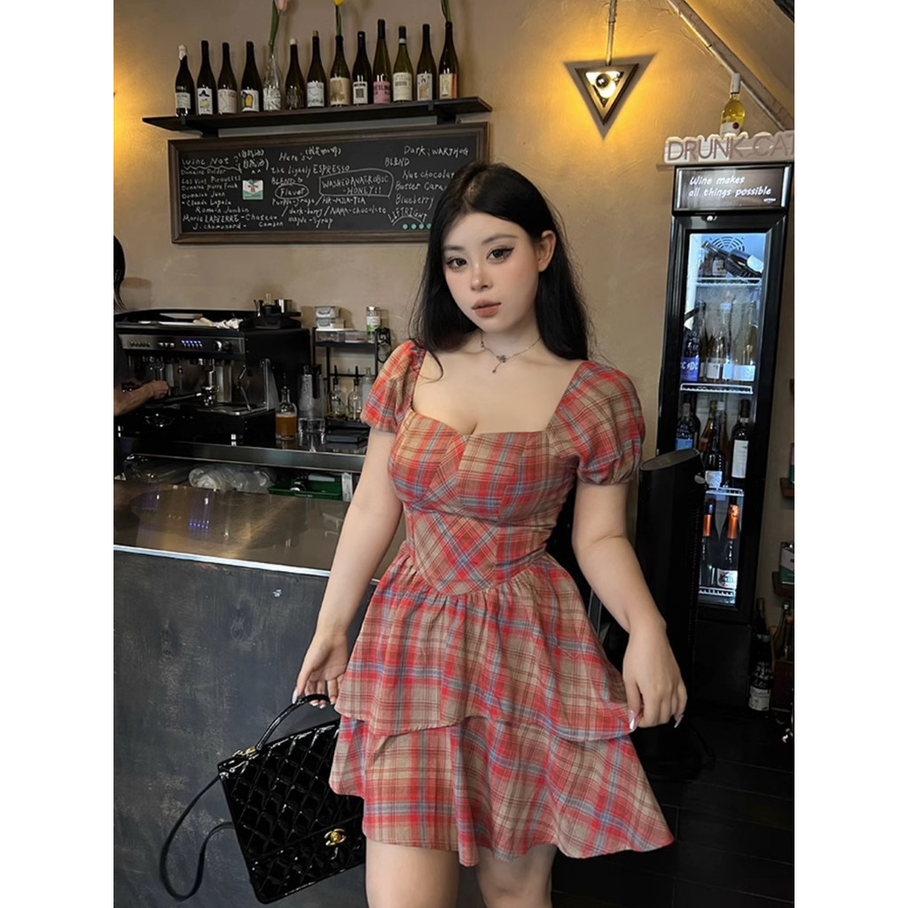 微胖穿搭 微胖女孩穿搭 胖女孩穿搭 肉肉女穿搭 黑澤玄七微胖mm2023夏季新款方領高腰顯瘦連衣裙高級感格子短裙女 | 蝦皮購物