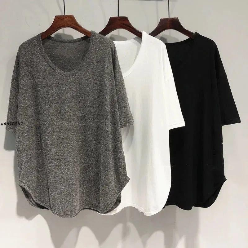 【特大尺碼M-5XL 40-150kg】特大尺碼300斤夏裝u領t恤女短袖弧形下襬寬鬆遮肚中長款慵懶風上衣xx | 蝦皮購物
