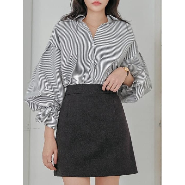 Codibook｜韓國 common unique 釦帶澎袖開衩襬條紋襯衫[預購]雪紡襯衫 襯衫 女裝 | 蝦皮購物
