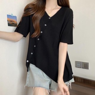 【大尺碼女裝M-5XL 40-150kg】 2-300斤大尺碼不規則冰絲螺紋短袖T恤女夏季薄款胖mm寬鬆設計感上衣 | 蝦皮購物