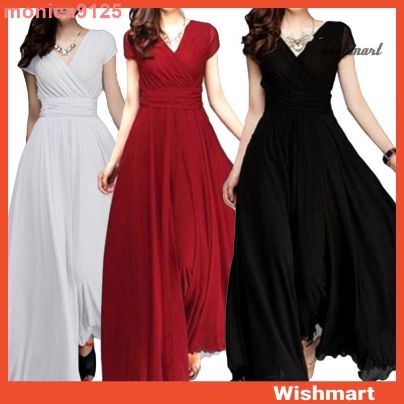 「森瑤^高級感🦋」女士純色V領短袖波西米亞風雪紡收腰連衣裙禮服（S5XL） | 蝦皮購物