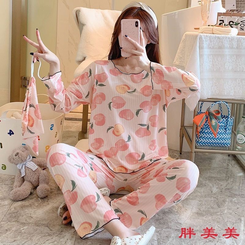 【M-5XL大尺碼】大尺碼睡衣 長袖睡衣 居傢服 睡衣套裝 網紅爆款睡衣女春秋長袖薄款日係可愛水蜜桃學生傢居服套裝ins | 蝦皮購物