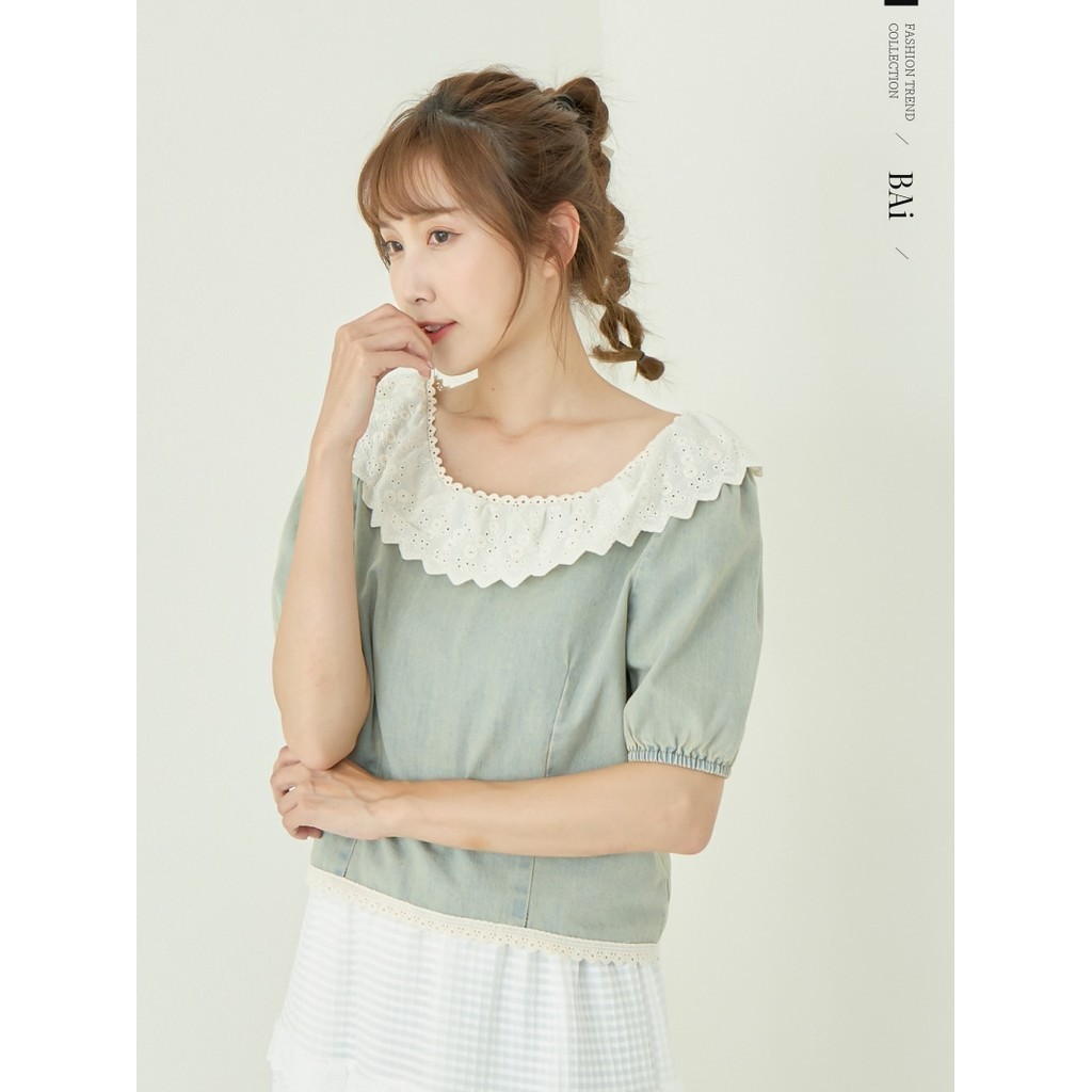 BAI白媽媽 荷葉領復古牛仔上衣／拼接蕾絲仿舊丹寧上衣－現貨【340251】 | 蝦皮購物