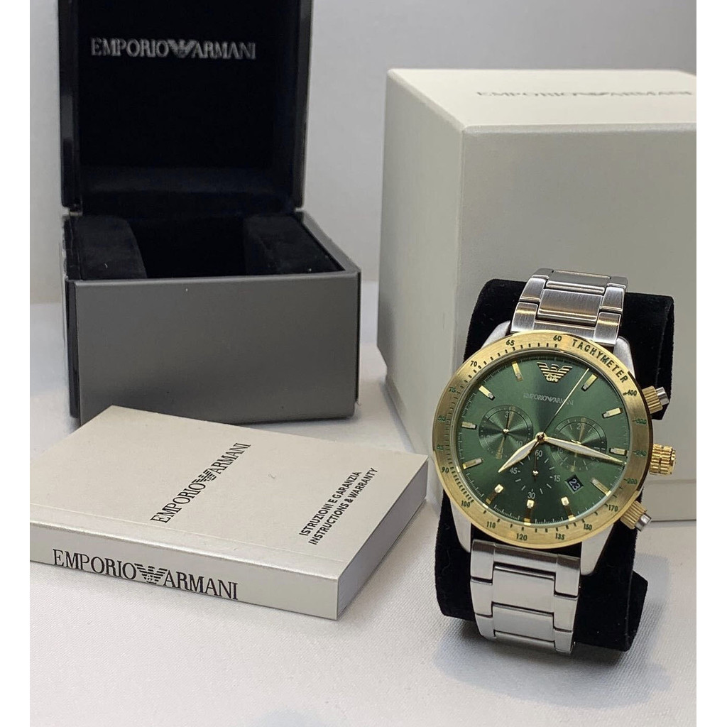 MPORIO ARMANI Mario 綠色面錶盤 銀色不鏽鋼錶帶 石英 三眼計時 男士手錶 AR11454 亞曼尼腕錶 | 蝦皮購物