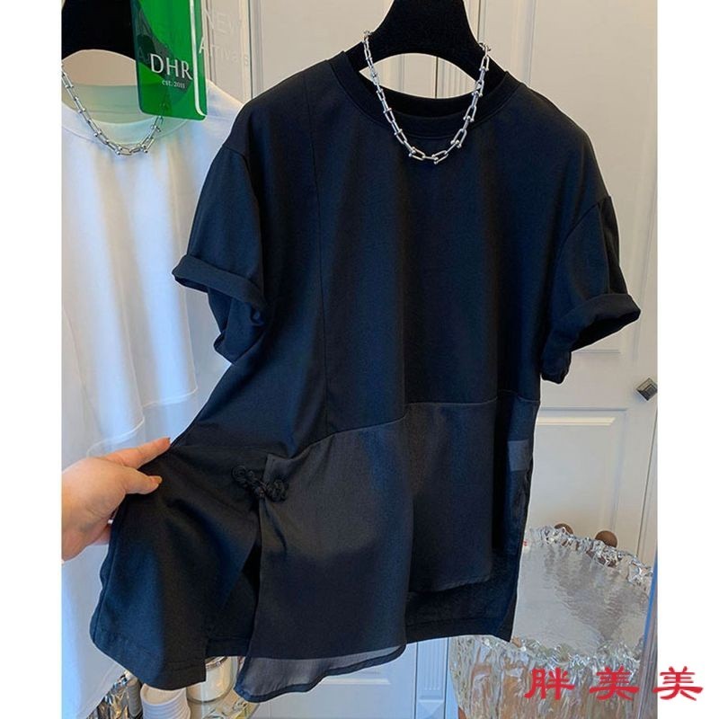 【M-5XL大尺碼】大尺碼上衣 大學T 短袖t恤 胖MM特大碼300斤複古中國風短袖T恤女夏季寬鬆拚接開叉體恤上衣24 | 蝦皮購物
